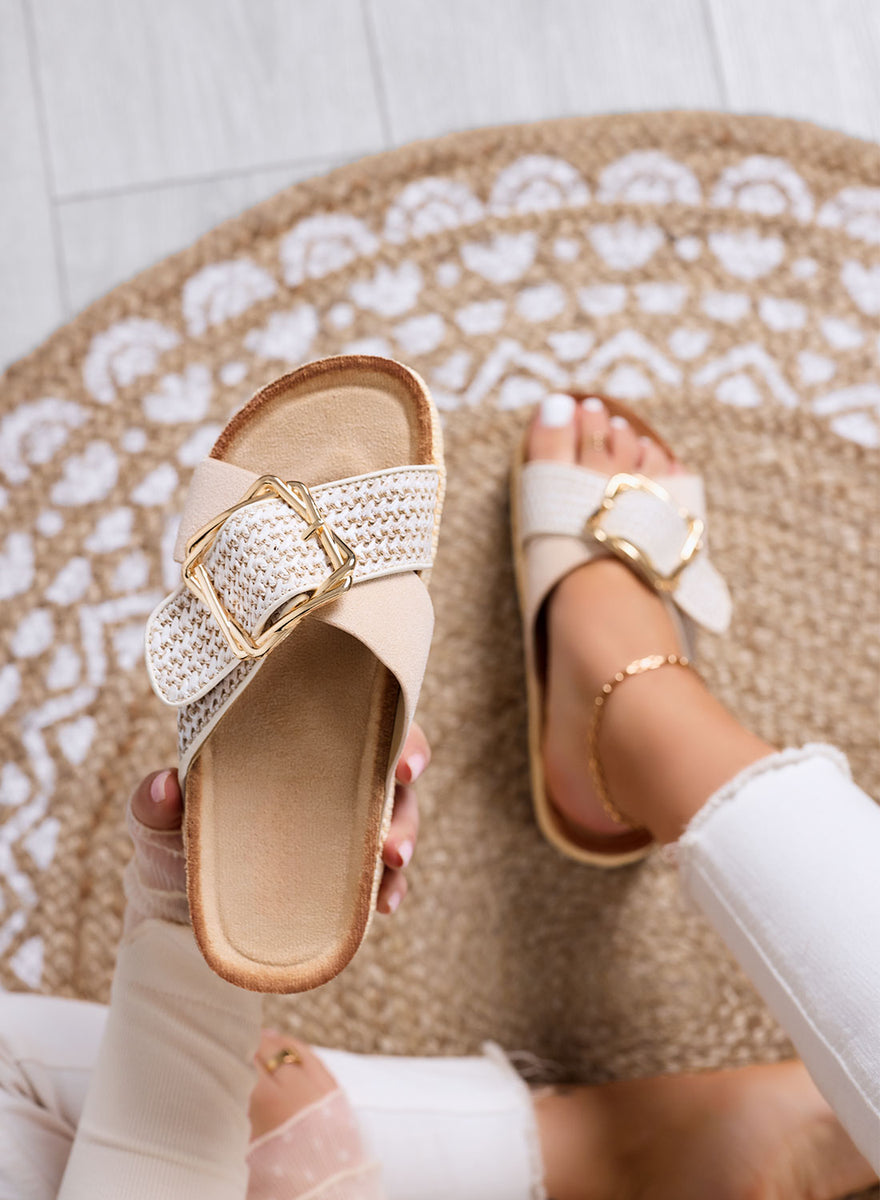 MAYA - Beige platform sandals slippers with large braided gold buckle ...